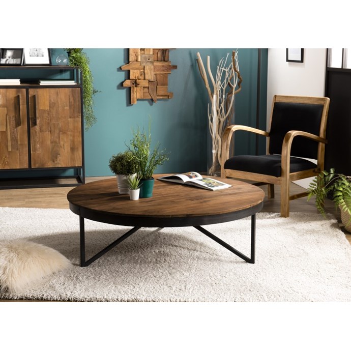 Sixtine - table basse ronde diam110 plateau bois teck recyclé marron