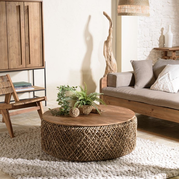 Sixtine - table basse ronde diam 100 rotin, plateau bois teck recyclé