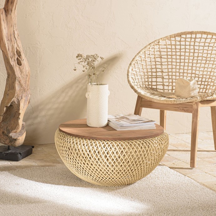 Sixtine - table basse ronde diam68 plateau bois teck recyclé rotin beige