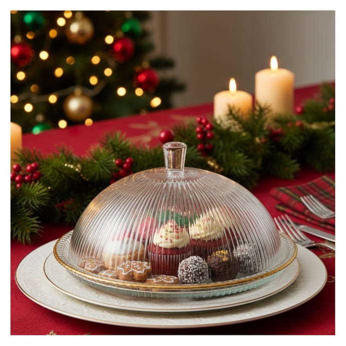 Cloche en verre bords dorés sur plat