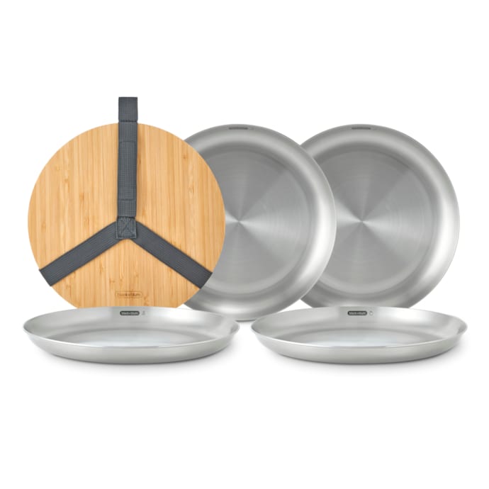 Set de 4 assiettes en acier inox-léger-couvercle en bambou