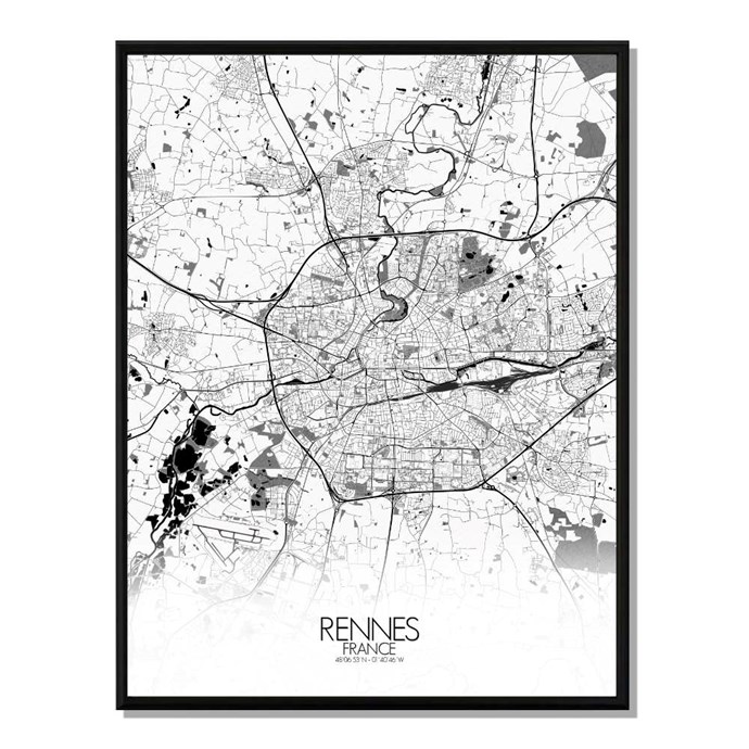 Rennes carte ville city map n&b